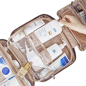 NISHEL Travel Toiletry Bag for women, Portable Hanging Organizer for Full-Sized Shampoo, Conditioner, Brushes Set, Travel-Size Accessories, Pink