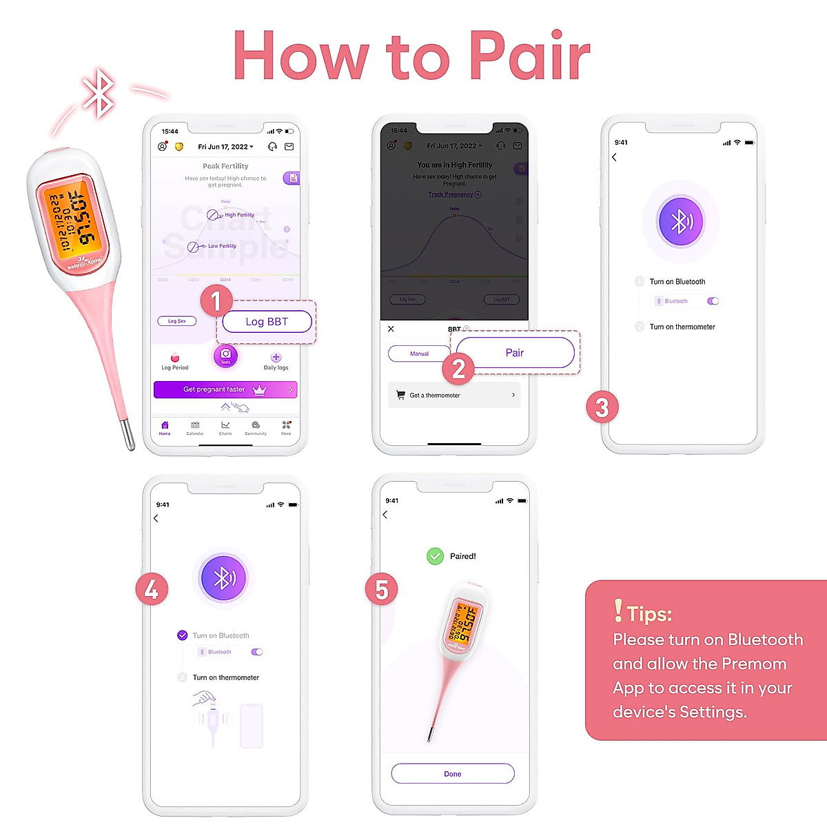 Easy@Home Smart Basal Thermometer, Large Screen and Backlit, FSA Eligible, Period Tracker with Premom(iOS & Android) - Auto BBT Sync, Charting, Coverline & Accurate Fertility Prediction EBT-300