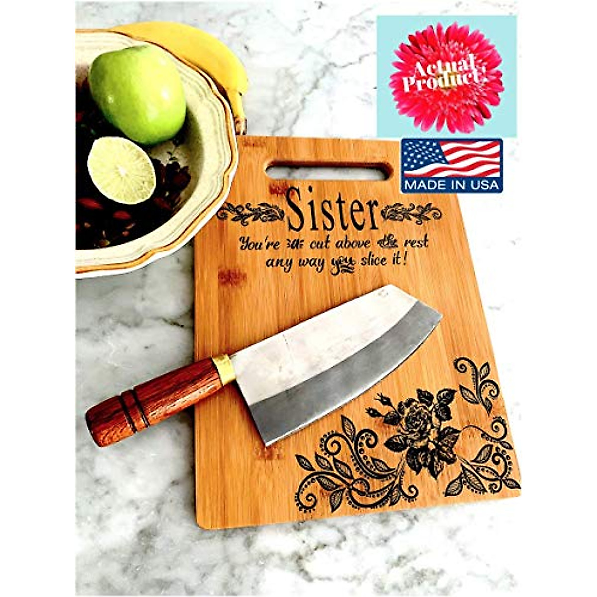 Sister Gift - Bamboo Cutting Board Design Sister Gift Birthday Christmas Gift Engraved Side For Décor Hanging Reverse Side For Usage (8.75x11.5 Rectangle)
