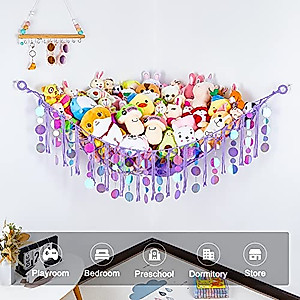 FIOBEE Stuffed Animals Hammock Net Toy Storage Organizer with LED Light, Stuffed Animals Storage Girls Room Décor Wall Hanging with Sequins for Kids Bedroom Nursery Playroom, Purple