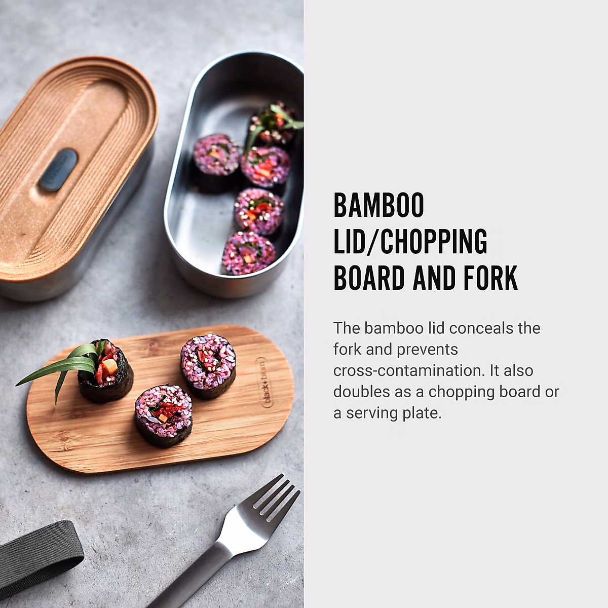 BLACK + BLUM Stainless Steel Bento Box | Plastic Free, Leak-Proof, 2-Compartment Lunch Box with Travel Fork and Bamboo Chopping Board Lid for Packing Healthy and Delicious Food | 34 oz / 1000 ml