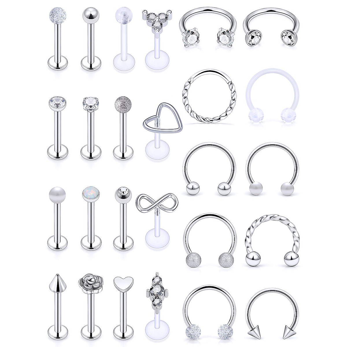 Vsnnsns 16G Lip Rings Stainless Steel Opal Horseshoe Labret Monroe Lip Rings Nail Cartilage Tragus Helix Earrings Studs Septum Ring Medusa Piercing Jewelry Retainer For Women Men Silver 8mm 26PCS
