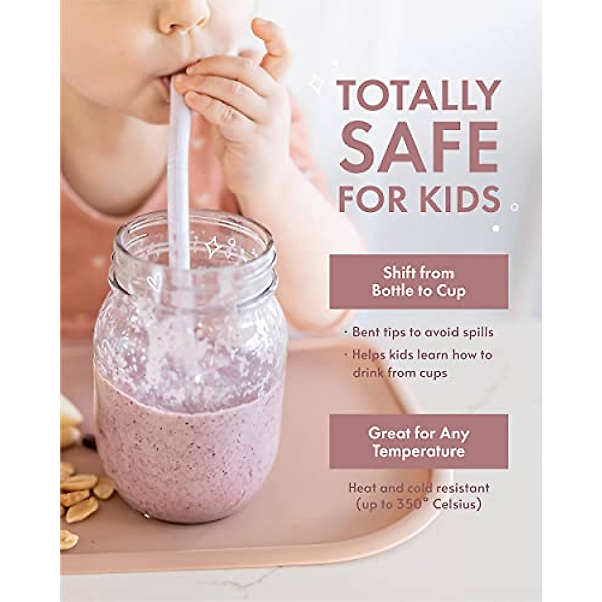 Silicone Straw - Flexible & Reusable Drinking Straws with Cleaning Brush for Toddlers & Kids - With Bendable Tips – Soft, Food-Safe Material, No BPA - Dishwasher Safe - Set of 6 - Oak