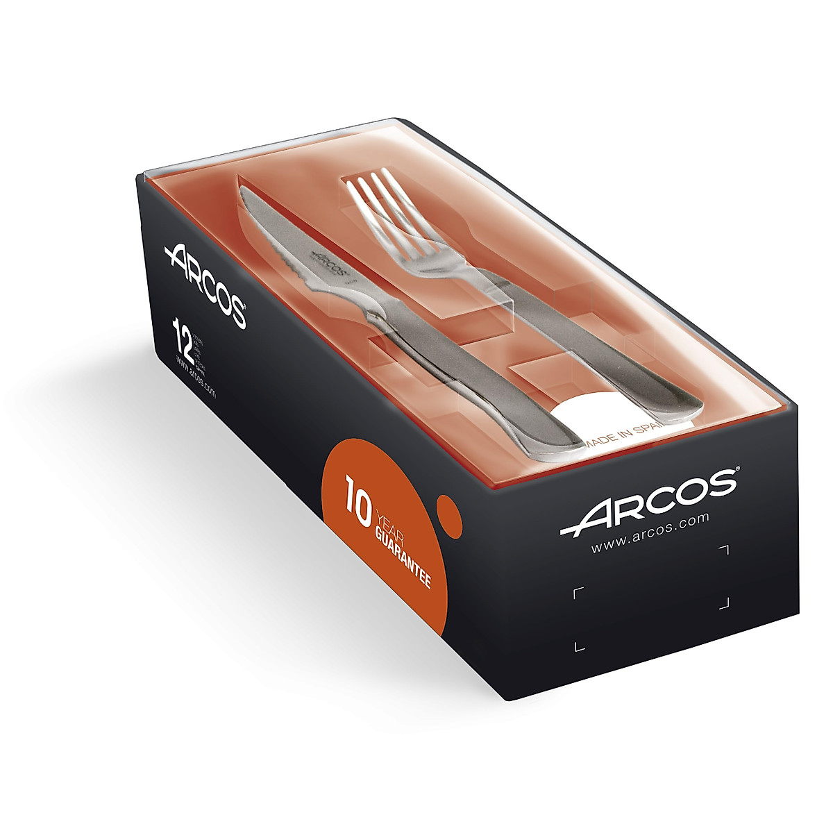 ARCOS Forged Steak Knife Set 12 pieces. 6 Knives + 6 Forks. Hardened and Tempered High-Carbon Stainless Steel with Pearl Edge for Cutting Meat. Series Mesa. Silver Color