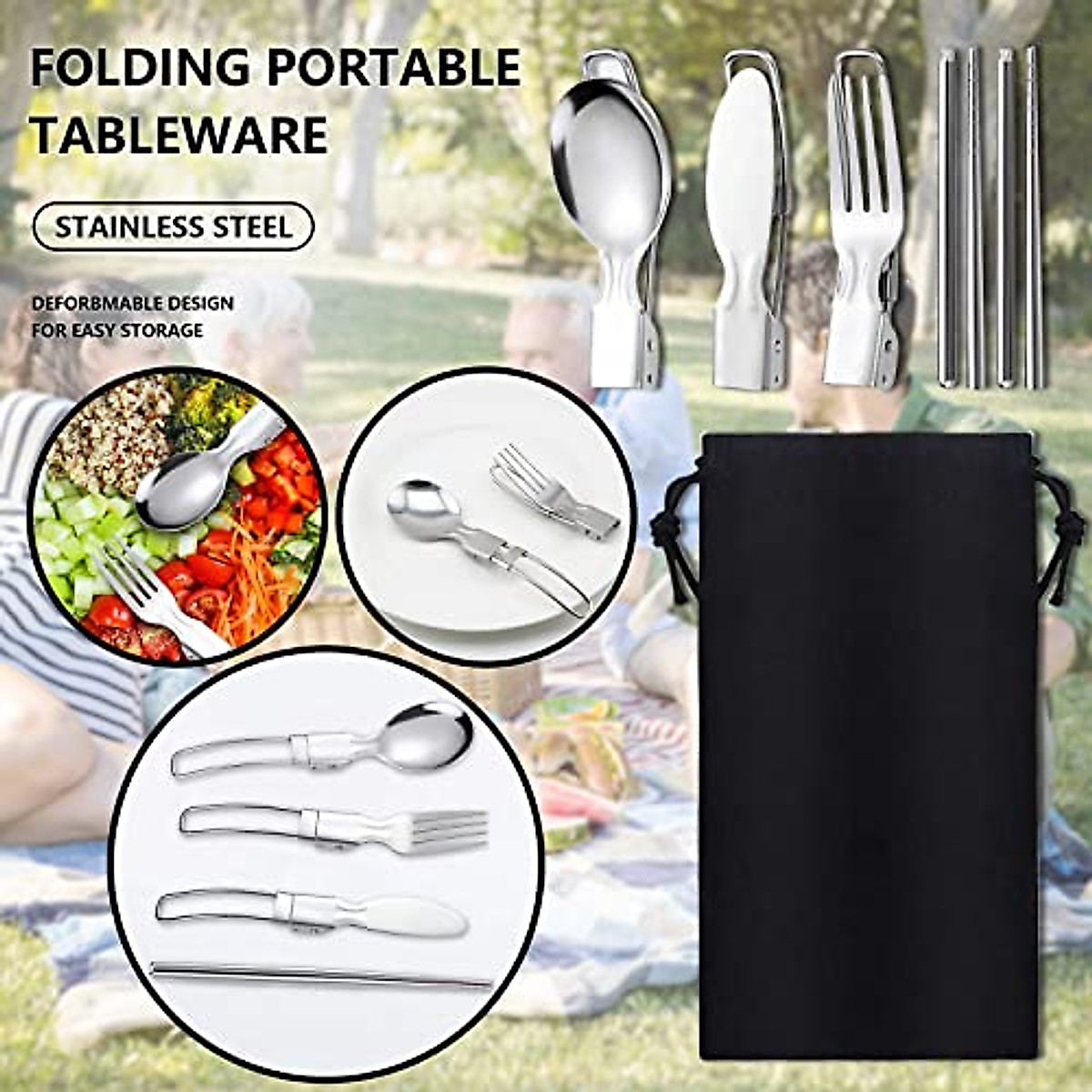 KitchenMade 4 Pack Reusable Flatware Sets Knife, Fork, Spoon, Chopsticks, Stainless Steel Folding Utensil Set & Nylon Storage Bag ，Ultralight Utensils for Backpacking/Hiking/Camping