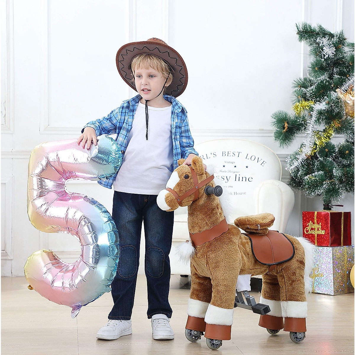 JoJoPooNy Ride on Horse Toy, Kids Ride on Toy for 3-6 Years Old, Premium Riding Horse Plush Animal Toy, Walking Horse Toy with Wheels (27 Inch Height)