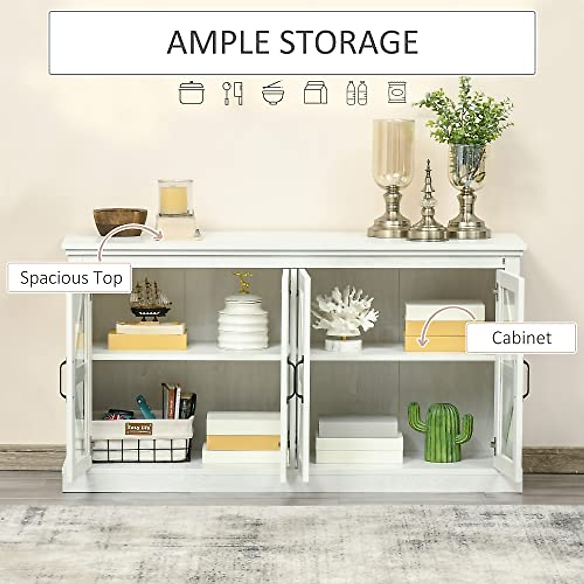 HOMCOM Sideboard Buffet Cabinet, Glass Door Credenza, Coffee Bar Cabinet with Adjustable Shelf, White