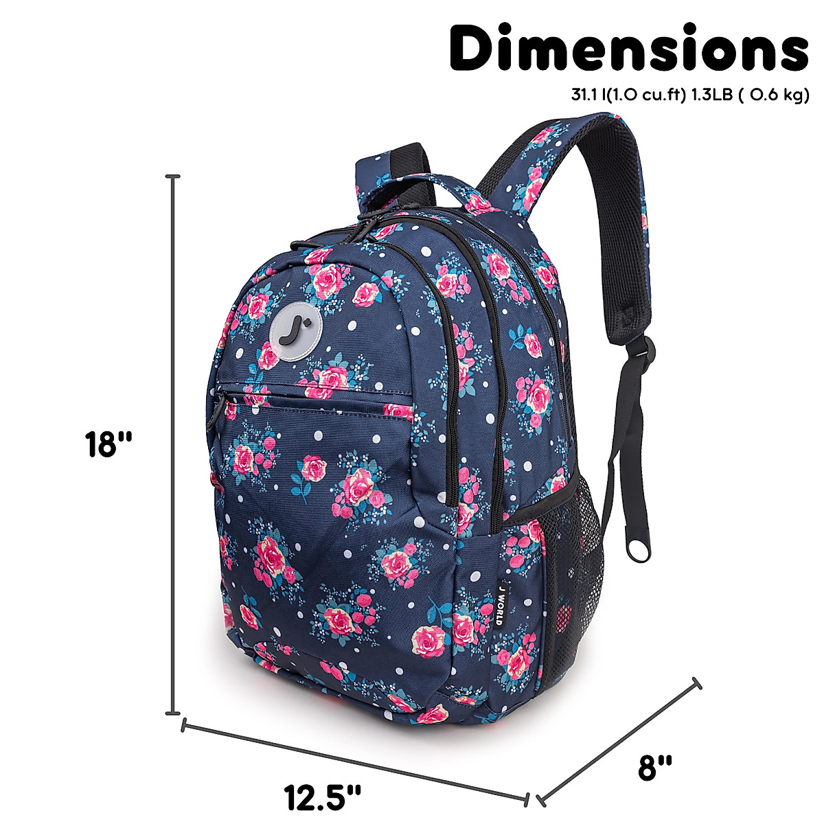 J World New York Cornelia Laptop Backpack School Bookbag, Navy Rose, 18 X 12.5 X 8 (H X W X D)