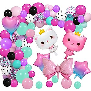 139 PCS Surprise Balloon Garland Arch White Pink Cat Bowknot Stars Heart Foil Balloons for Girls Baby Birthday Baby Shower Wedding Surprise Party Decorations