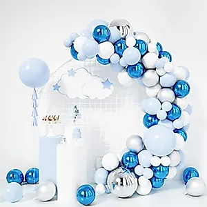 RUBFAC 147pcs Blue Balloon Garland Arch Kit Metallic Pastel Blue White Latex Balloons and 4D Silver Balloons Set for Baby Shower Wedding Birthday Party Background Decorations