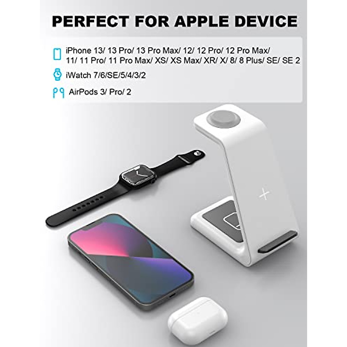 Wireless Charging Station for Apple, 3 in 1 Charging Stand for iPhone 14/13/12/11/X/8/SE Series, iWatch 7/6/SE/5/4/3/2, AirPods 3/Pro/2