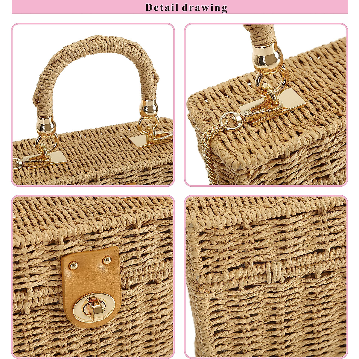 TaiGuri Women's Handmade Straw Rattan Woven Chain Purse Tote Shoulder Bag Handbag, Khaki, Medium