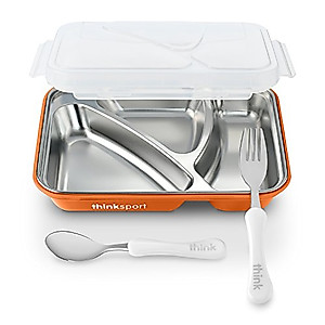 Thinksport GO2 Travel Lunch Container with Airtight Lid and Fork & Spoon| BPA-Free, Stainless Steel Removable Interior, Each Compartment Seals, No Food Migration - Orange, GO2ORANGE