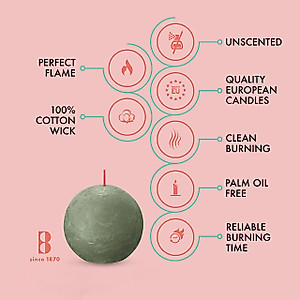BOLSIUS 3 Pack Fresh Olive Rustic Ball Pillar Candles - 3 Inch - Premium European Quality - Includes Natural Plant-Based Wax - Unscented Dripless Smokeless 25 Hour Party Décor and Wedding Candles