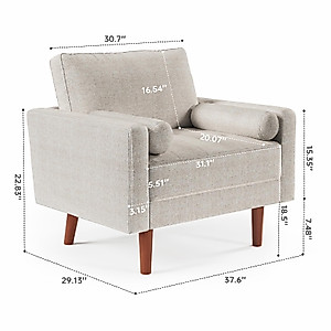 koorlian Beige Accent Chairs, Mid Century Modern Accent Chair with Track Armrest, Button Tufted Armchair, 2 Bolster Pillow, Linen Fabric Single Sofa Chair for Living Room/Bedroom/Office