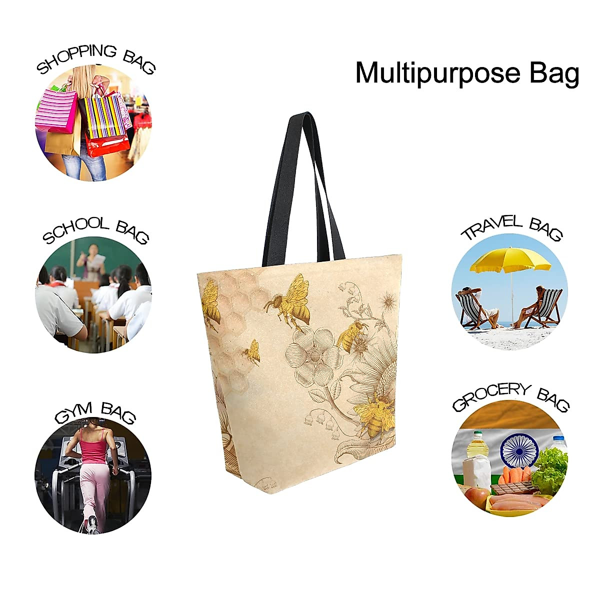 ALAZA Sunflower Bee Retro Large Canvas Tote Bag Shopping Shoulder Handbag with Small Zippered Pocket