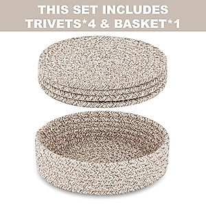 Trivets for Hot Dishes, Trivets for Hot Pots and Pans, Cotton Coasters 4 Pcs and Storage Basket 1 Pack, Pot Holders for Kitchen, Hot Pads for Table, Hot Mats Protect Countertops (Brown 4 Pcs)