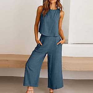 Two Piece Outfits for Women Summer 2025 Plus Size Sleeveless Outfit Casual Wide Leg Pants Set with Pockets Sets