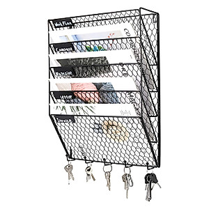 PAG 5 Tier Wall File Holder Hanging Mail Organizer Metal Chicken Wire Wall Mount Magazine Rack with hooks for Home and Office, Black