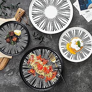 ROLTIN Dessert Dishes Plates Creative Porcelain Dinner Plates Set of 4 Black and White Multiple Stripes Patterns Ceramic Desserts Plate for Steak Salad. Microwave Dishwasher Saf