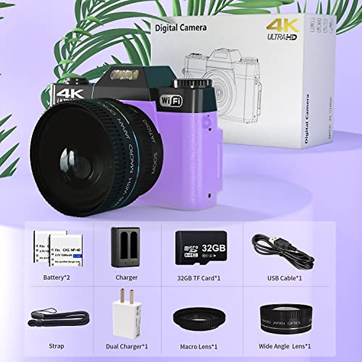 VJIANGER 4K Digital Camera 48MP Vlogging Camera for YouTube with 3.0’’ 180° Flip Screen, WiFi, 16X Digital Zoom, 52MM Wide Angle & Macro Lens, 2 Rechargeable Batteries, 32GB Micro SD Card(Purple31)