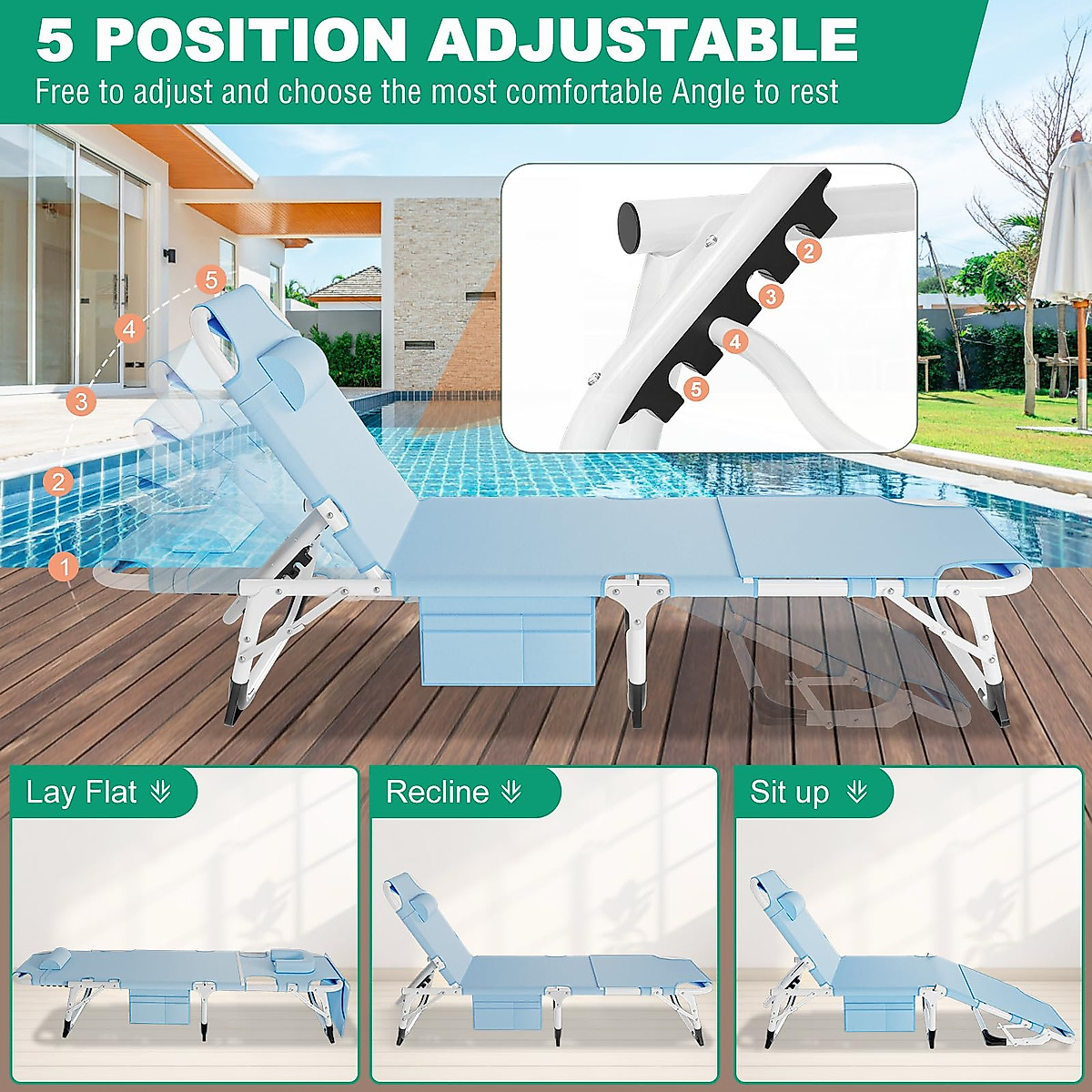 LILYPELLE 3in1 Sun Tanning Chair with Mattress, Heavy Duty Lounger Chair with Face Arm Hole, Removable Pillow, Outside Chaise Lounge Chair for Sunbathing, Patio, Poolside, Lawn, Beach