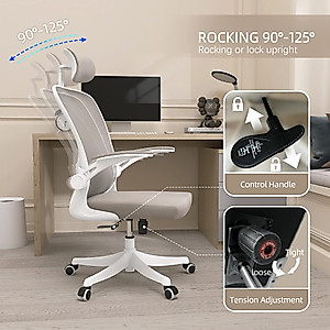 Monhey Ergonomic Office Chair Office Chair with Lumbar Support & Headrest & Flip-up Arms Height Adjustable Rocking Home Office Desk Chairs Swivel High Back Computer Chair Warm Taupe Mesh Study Chair