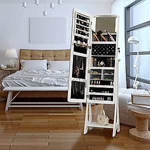 MASMIRE Standing Mirror With Jewelry Storage And Built-In Small Mirror - 63" H Lockable Full Length Mirror Jewelry Armoire, Mirror Jewelry Cabinet With 4 Drawers and Storage Shelf - White