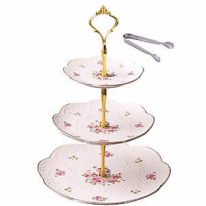 Jusalpha® Elegant Embossed 3-tier Ceramic Cake Stand- Cupcake Stand- Tea Party Pastry Serving Platter in Gift Box and a Free Sugar Tong (FL-Stand 03)