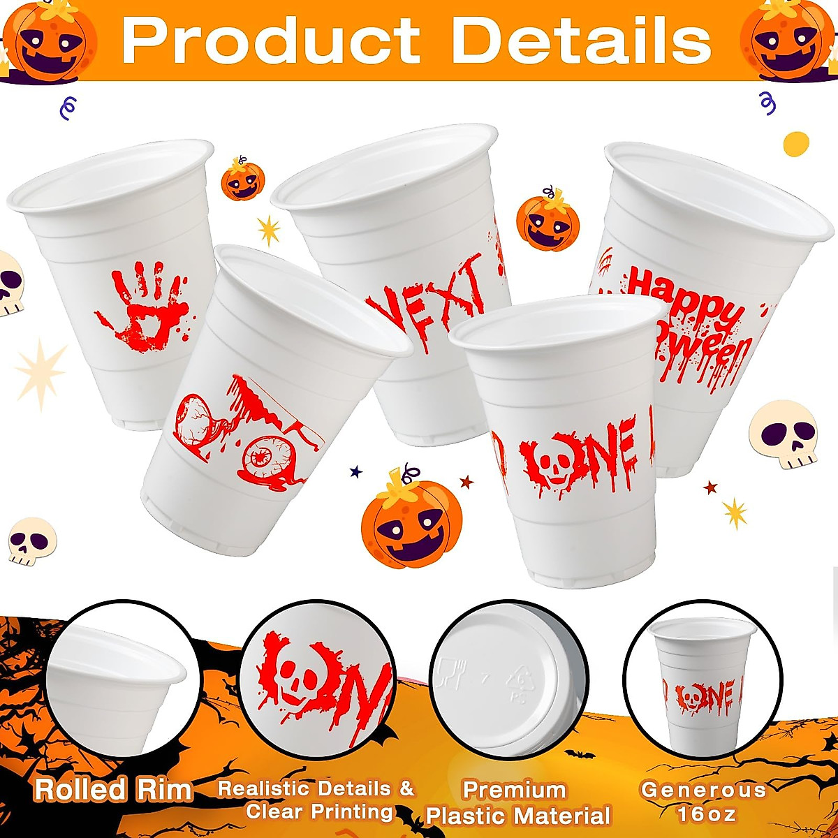 50Pcs Halloween Solo Cups for Party Decorations, 16 Oz Halloween Plastic Disposable Cups with Scary Bloody Hands Print for Kids Adults Halloween Party Supplies Favors
