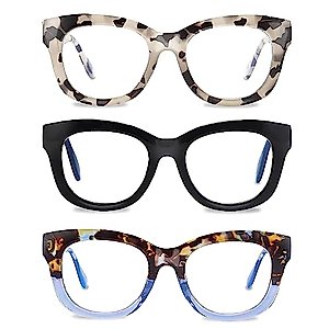 LADEESSE Readers for Women Oprah Style 3 Pack Square Reading Glasses with Spring Hinge Blue Light Blocking Ladies (Black+Grey+Blue, 3.00)