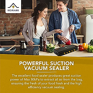 HOMARK Vacuum Sealer Machine, Digital Display Smart Function Household 80 kPa Food Saver Vacuum Sealer with Tempered Glass Surface, Dry Moist Mode, Includes 10 Vacuum Bags 6”x10’, 3 Food Modes,2 Pump Speed, Lab Tested