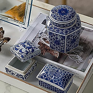 A&B Home Decorative Porcelain Box with Lid Blue and White Set of 3 Glazed Ceramic Hand Painted Jars Centerpiece Asian Decoration