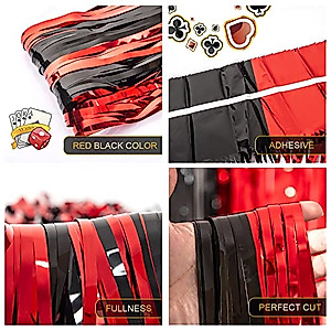 LOLStar 3 Pack Casino Foil Fringe Curtains Casino Theme Party Decorations 3.3 X 6.6 ft Red and Black Photo Booth Prop, Tinsel Streamer Backdrop for Las Vegas Theme Decor