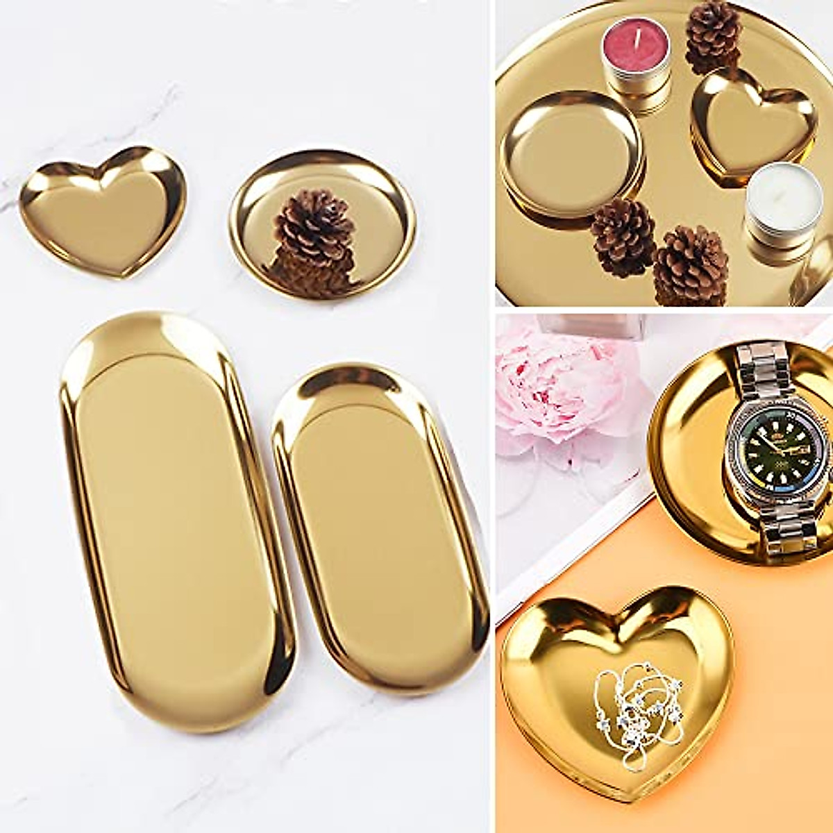 JKanruh 4 Pack Gold Stainless Steel Towel Tray,Storage Tray,Tea Tray Fruit Trays,Decorative Tray,Jewelry Dish Cosmetics Organizer(Oval,Heart-Shaped,Round)