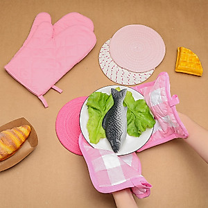 Oven Mitts and Pot Holders 7 Sets, Heat Resistant Kitchen Gloves Pads Potholders for Christmas Women Gifts Cotton Pot Holders Farmhouse Kitchen Accessories Gift for Cooking Baking(Pink White, Cotton)