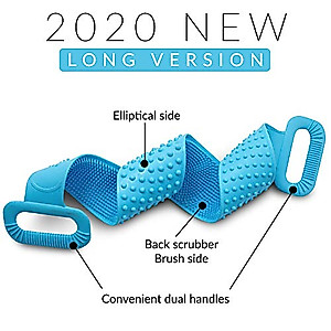 Exfoliating Back Scrubber, Silicone Body & Back Scrubbing Brush for Acne Sweat Blackheads, Double Sided Cleaning Shower Strap, Silicone Scrubber Belt for Bath & Shower, Extra Long Length 30” (Blue)