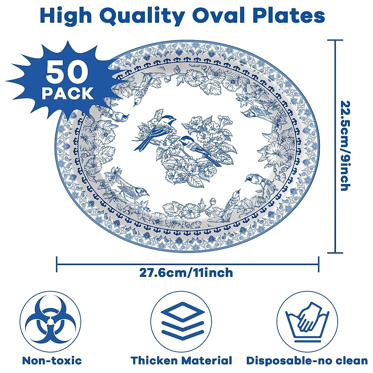 50 PCS Blue Floral Oval Paper Plates Blue & White Floral Party Tableware Set Blue and White Flowers Disposable Party Supplies Bridal Birthday Baby Shower Tea Dinnerware Plates Napkins Forks Serve 50