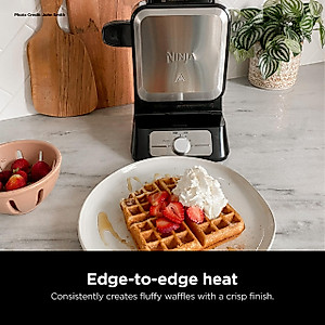 Ninja BW1001 NeverStick PRO Belgian Waffle Maker, Vertical Design, 5 Shade Settings, with Precision-Pour Cup & Chef-curated Recipe Guide, Black & Silver