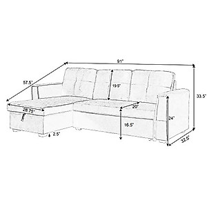 Legend Furniture Velvet Chaise Storage Reversible Sofa Bed Sleeper Sectional, 91", Cream