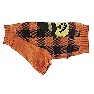 Orange Black Plaid Pet Halloween Holiday Clothes Pumpkin Dog Sweater for Small Dogs, Small (S) Size