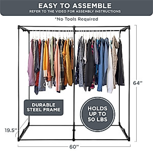 HOLDN’ STORAGE Portable Wardrobe Closet, Large - Premium Heavy Duty Metal Hanging Rod with Dark Gray Cover- 50 Lb. Weight Capacity- Super Easy Assembly, No Tools Required