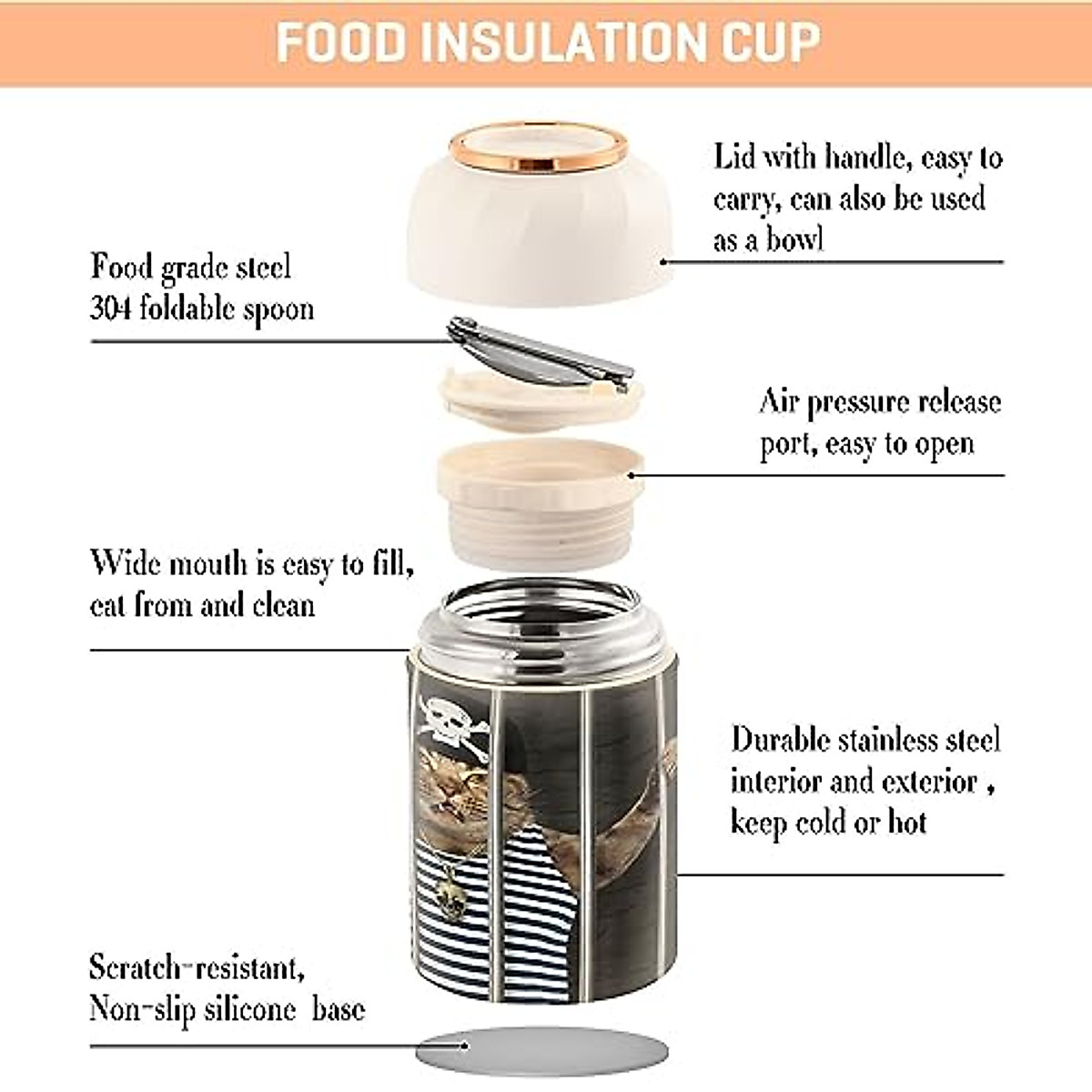 CUPADA Pirate Cat Funny Food Jar, Skull Cap Cute Insulated Hot Food Jars Vacuum 17OZ with Folding Spoon for Work Trip Picnic Camping