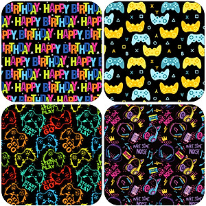 ZINTBIAL Gaming Birthday Wrapping Paper for Boys Girls Kids Baby Shower - Black Gift Wrapping Paper with Colorful Gamepad, Pink Headphones, Happy Birthday - 20 x 29 Inches per Sheet (8 Folded Sheets), Recyclable, Easy to Store, Not Rolled