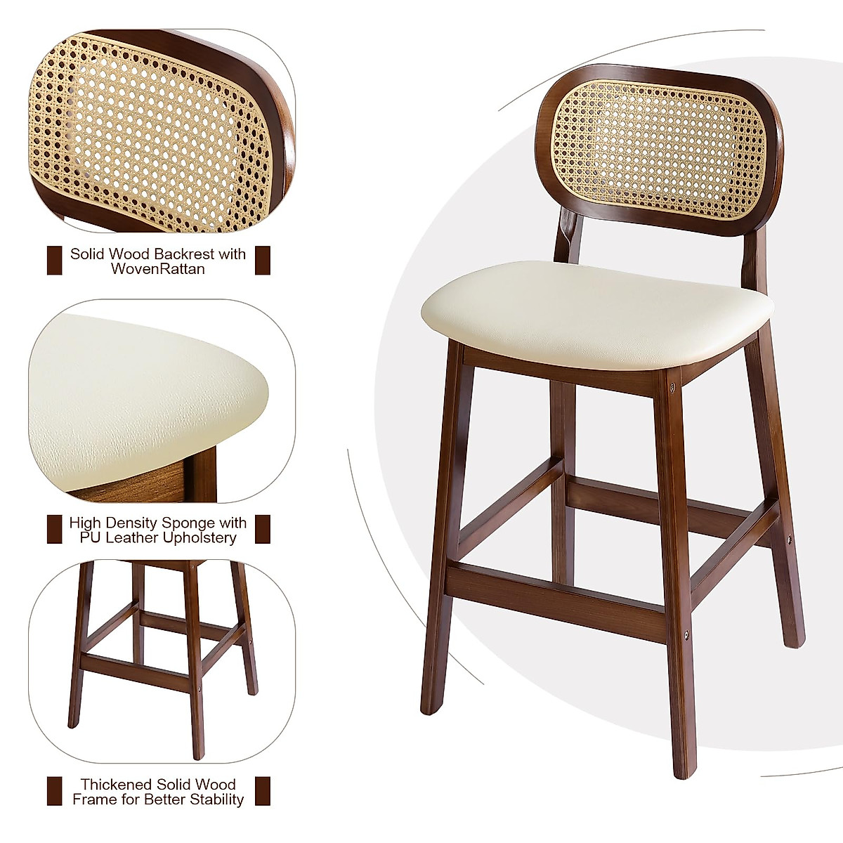 Counter Height Bar Stools Set of 3 Rattan Barstools with Back and Wood Frame, PU Leather Upholstered Bar Chairs, Mid Century Modern Farmhouse Counter Stool for Kitchen Island/Home Bar, Cream White