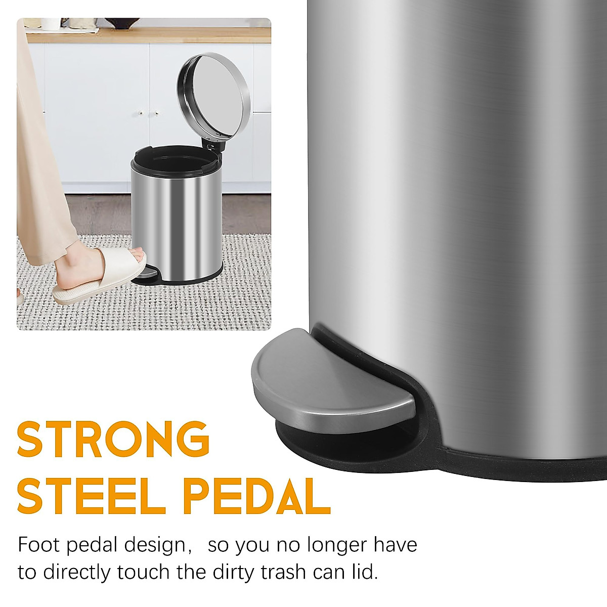 BLKMTY Trash Can Bathroom Trash Bin with Lid Waste Bin 6 L/1.6 Gallon Stainless Steel Garbage Can Round Portable Garbage Bin for Bathroom Office Bedroom Rubbish Bin Step-Open, Silver (2 Pack)