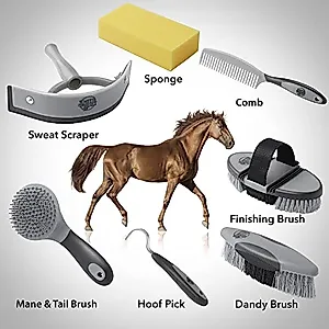 SmithBuilt 8-Piece Horse Grooming Tool Kit with Tote Bag, Gray/Black