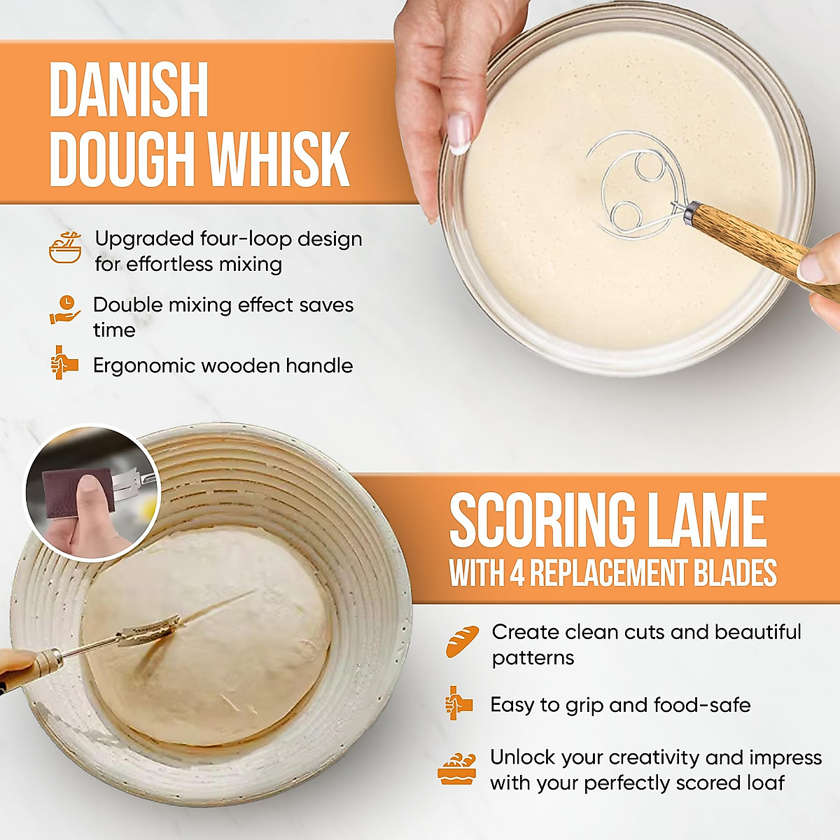 Banneton Bread Proofing Basket Set - 2x Round 9 inch Baskets Sourdough Bread Baking Supplies Sour Dough Scoring Tool - Proofing Bowls for Sourdough Bread Making Tools