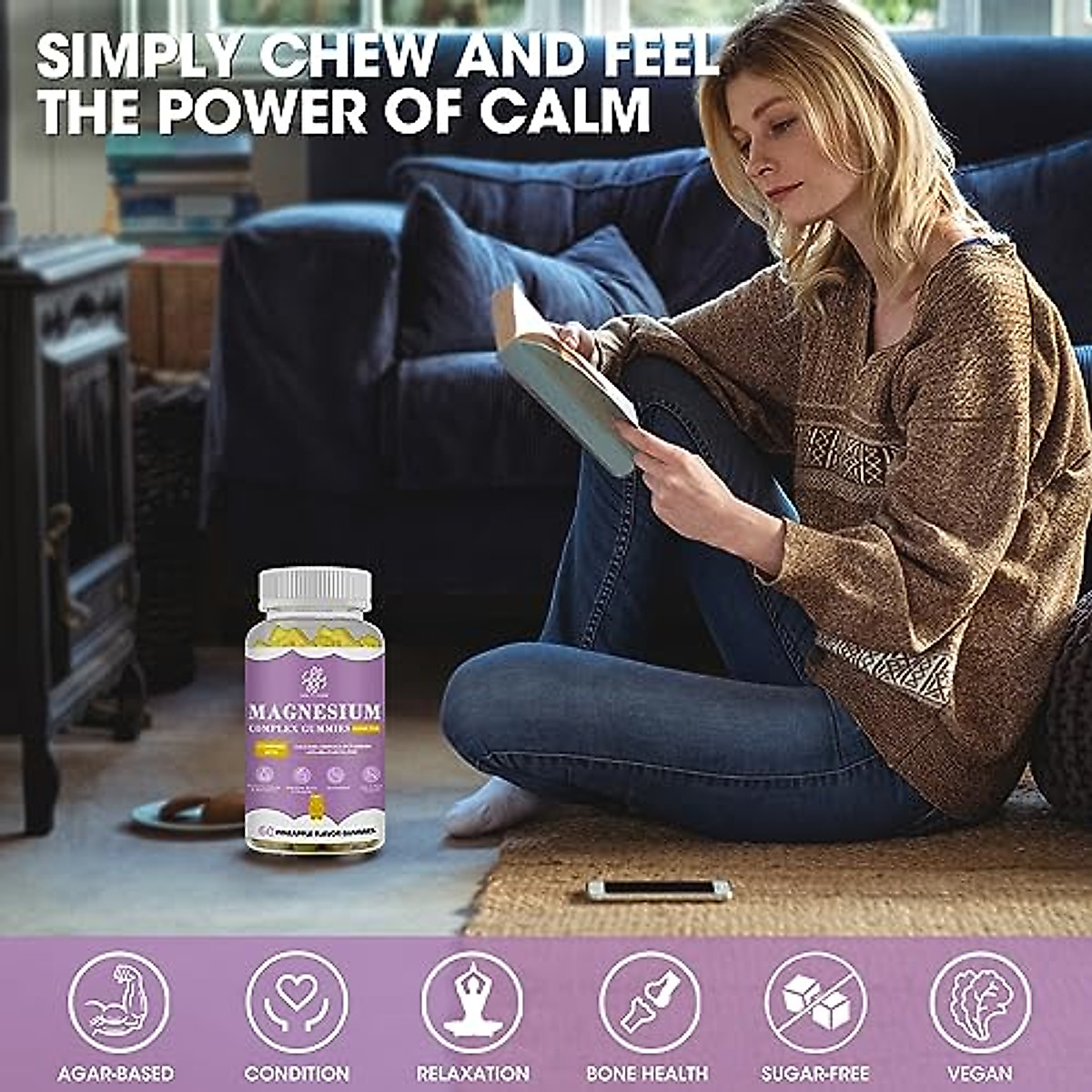 Magnesium Glycinate Gummies with Magnesium Malate, Taurate, Citrate, Magnesium Potassium Complex Supplement with CoQ10, Calcium, Supports for Memory, Bone, Calm, Sleep, 60 Pineapple Gummies