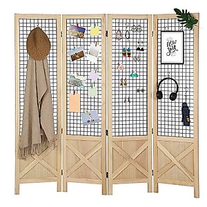 Wnutrees 4 Panel Gridwall Display, Portable Freestanding Display Board for Craft/Art Shows, Retail, Events, Decorative Wood Room Divider Folding Screens, Natural